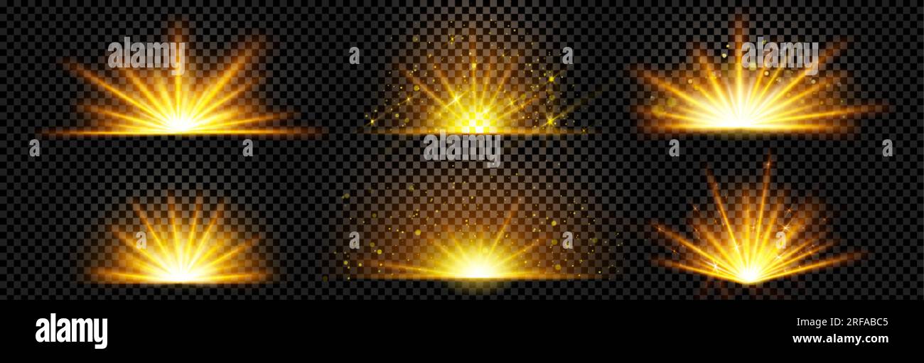 Realistic set of golden light shine isolated on transparent background ...