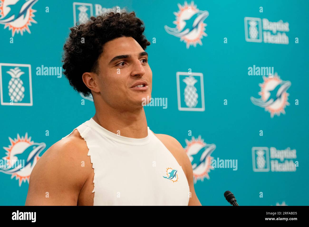 Miami Dolphins linebacker Jaelan Phillips speaks with the news media ...