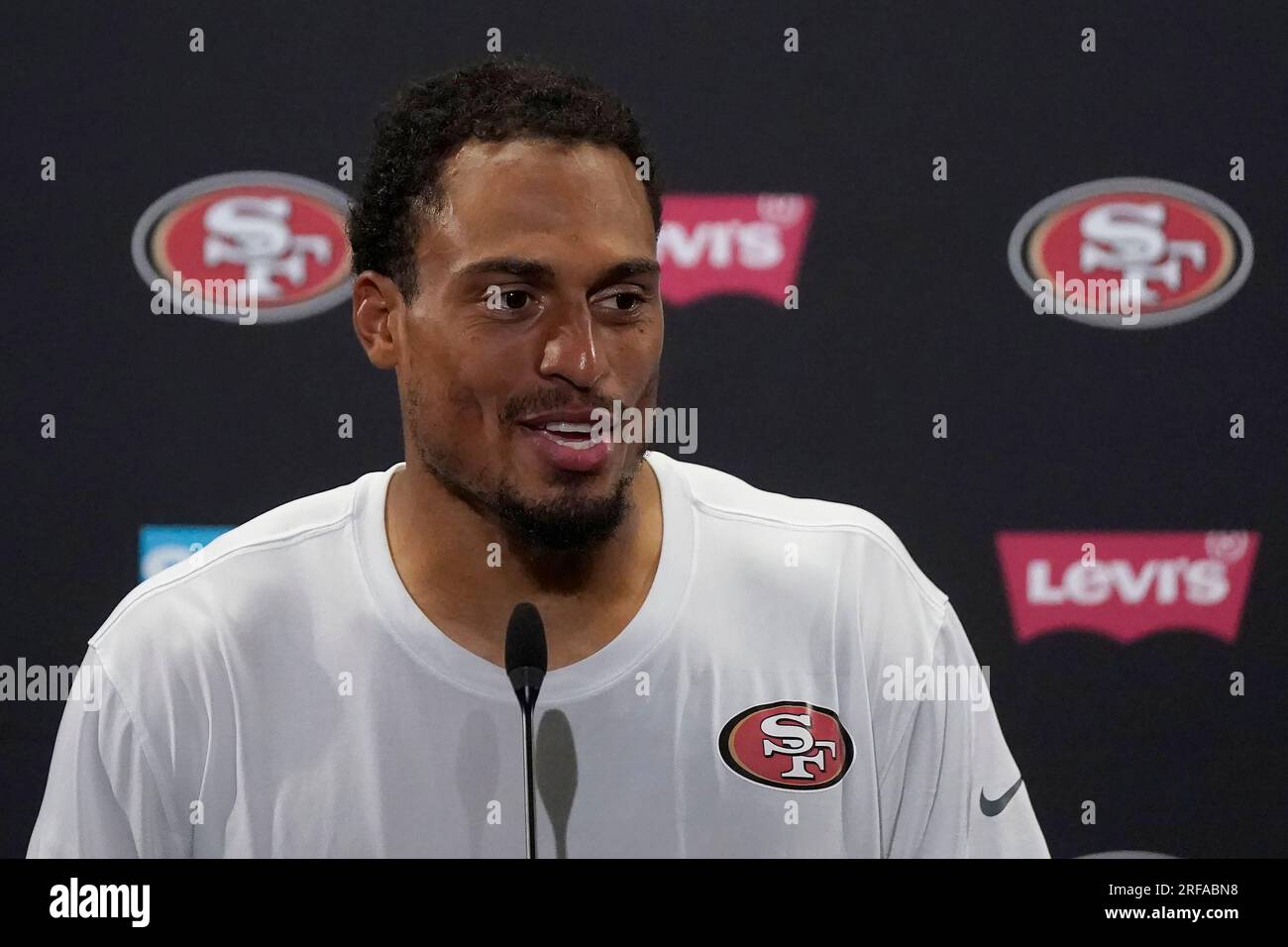 San Francisco 49ers' Isaiah Oliver speaks to reporters during the NFL ...