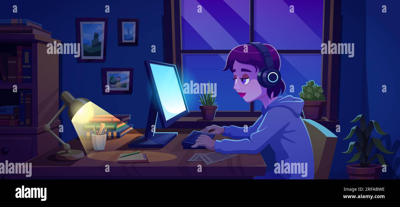 Tired woman at night on window home office workspace vector cartoon ...