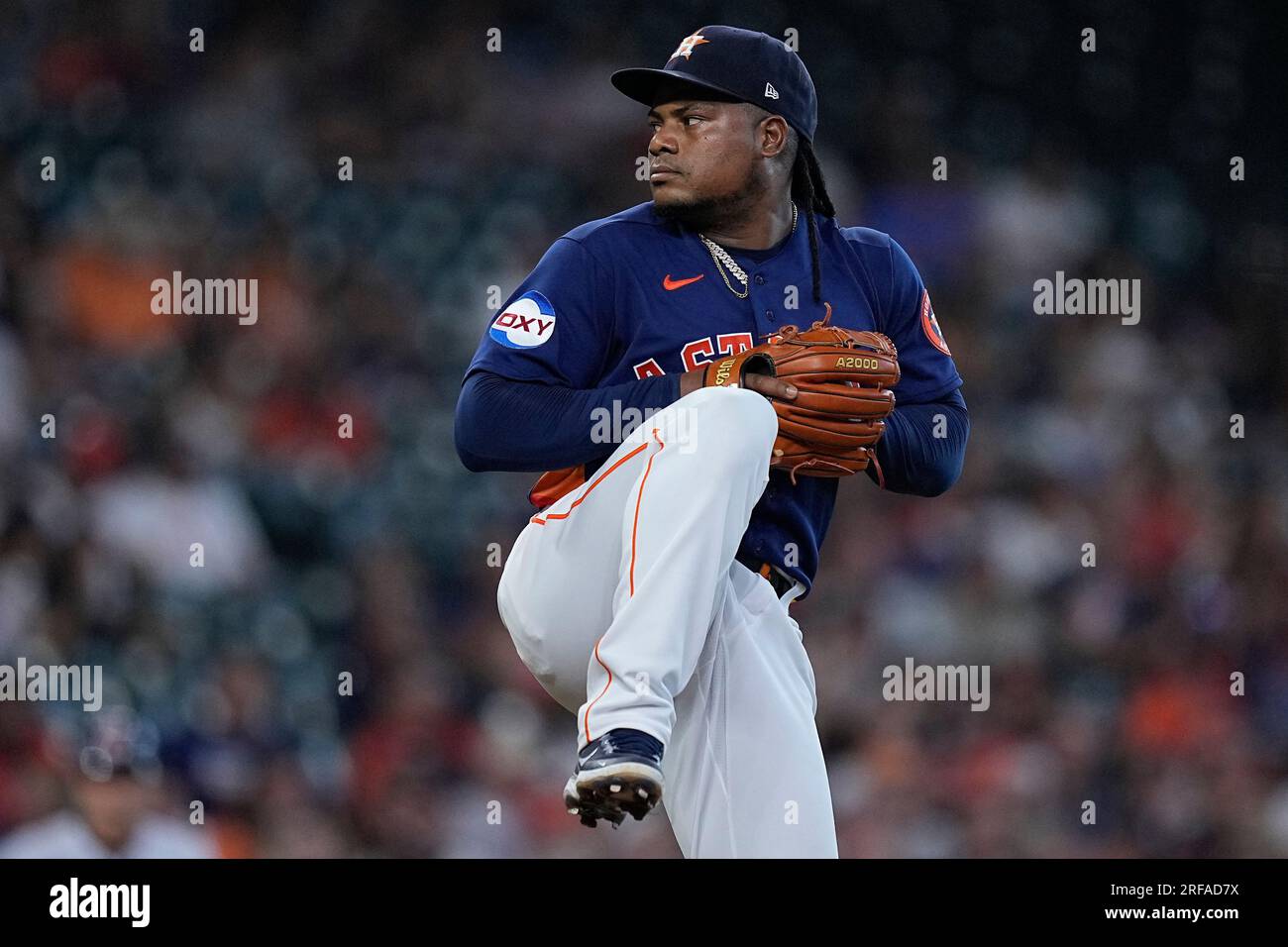 Houston Astros starting pitcher Framber Valdez delivers during the first inning of a baseball ...