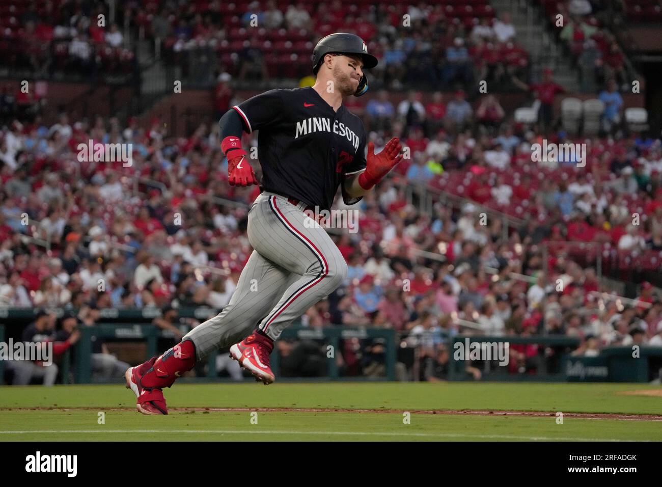 Minnesota Twins' Ryan Jeffers doubles during the fifth inning of a ...