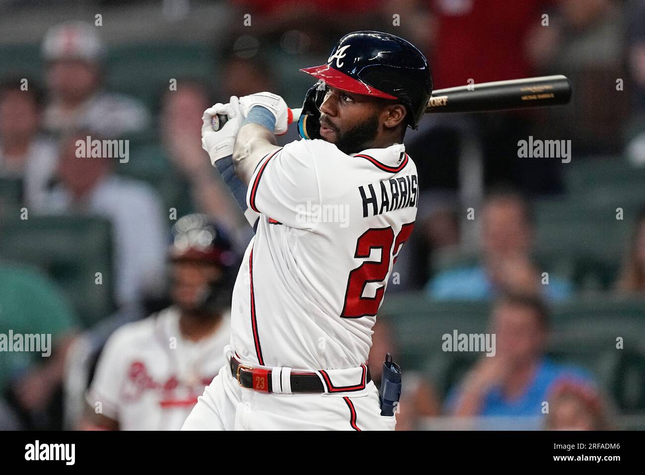 Atlanta Braves' Michael Harris II watches his solo home run in the ...