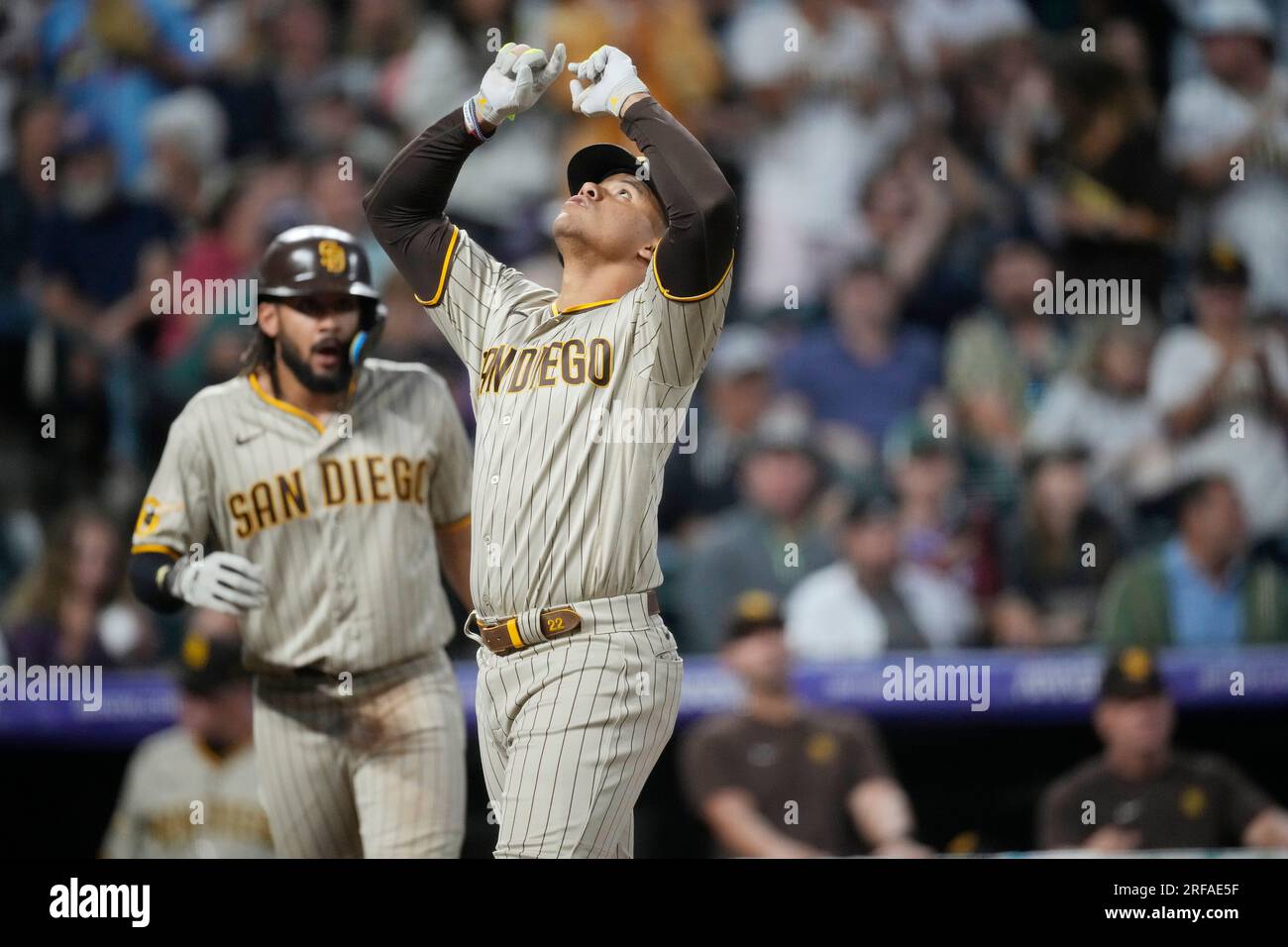 San Diego Padres' Juan Soto celebrates as he crosses home plate after ...