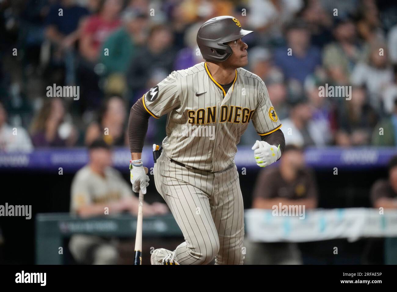 San Diego Padres' Juan Soto heads up the first-base line after hitting ...
