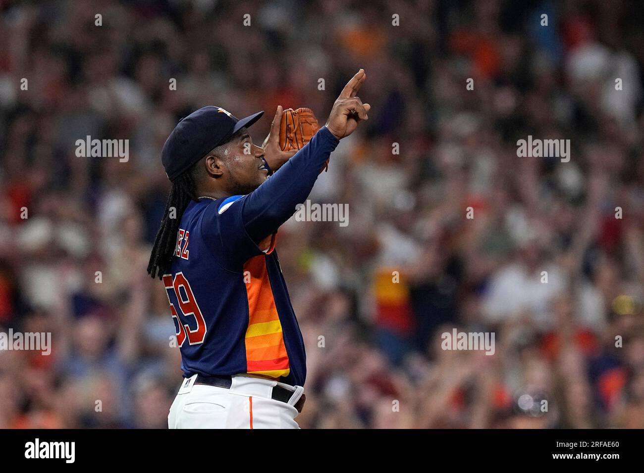 Houston Astros starting pitcher Framber Valdez celebrates after ...