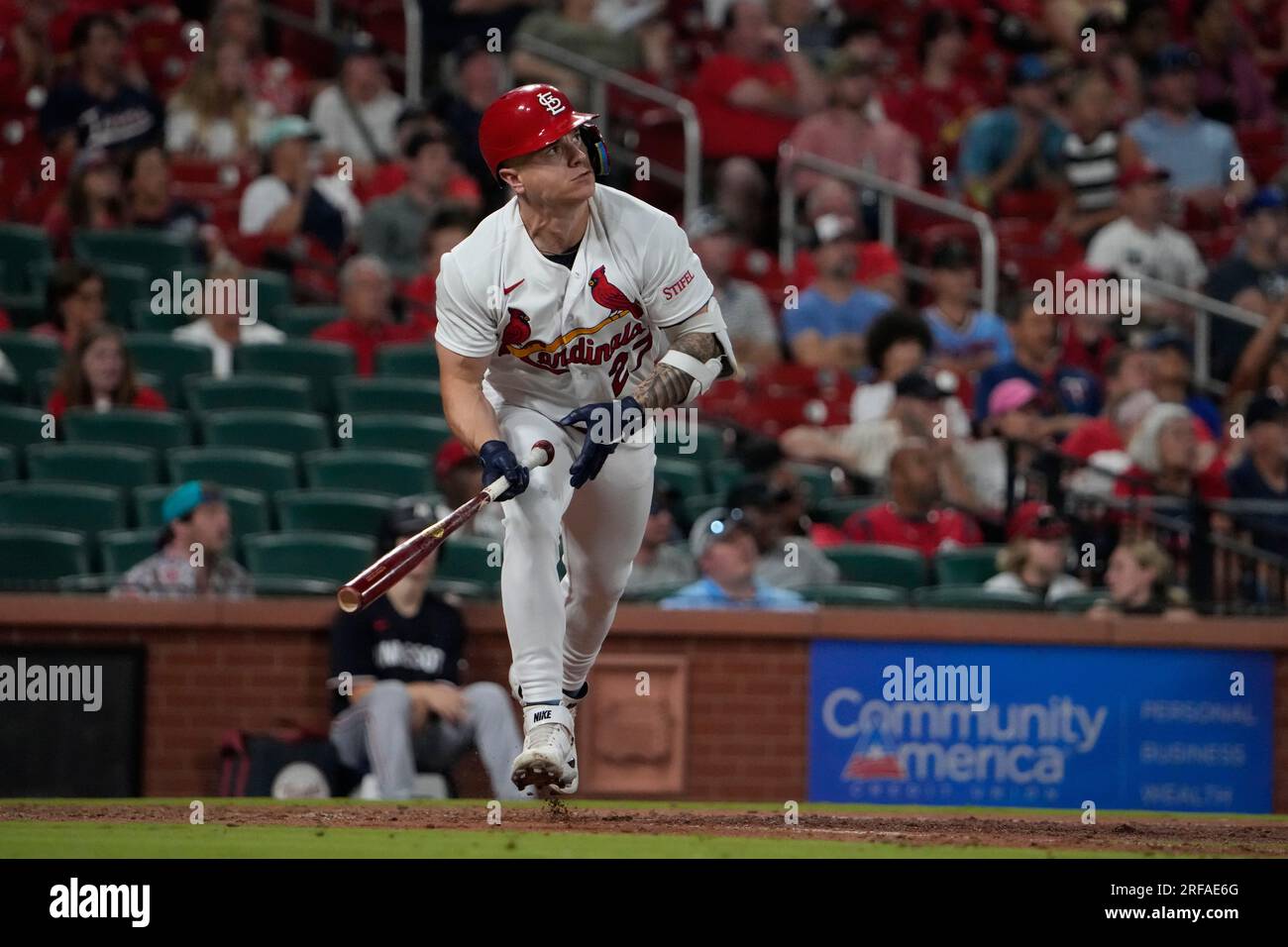 St. Louis Cardinals' Tyler O'Neill watches his solo home run during the ...
