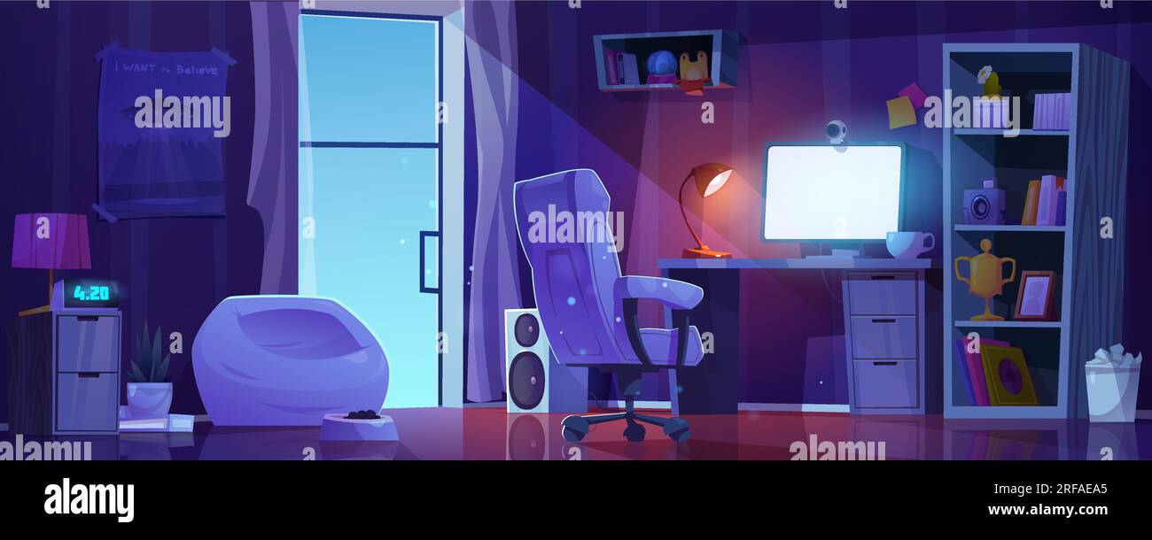 Night room vector interior with study or workplace furniture cartoon ...