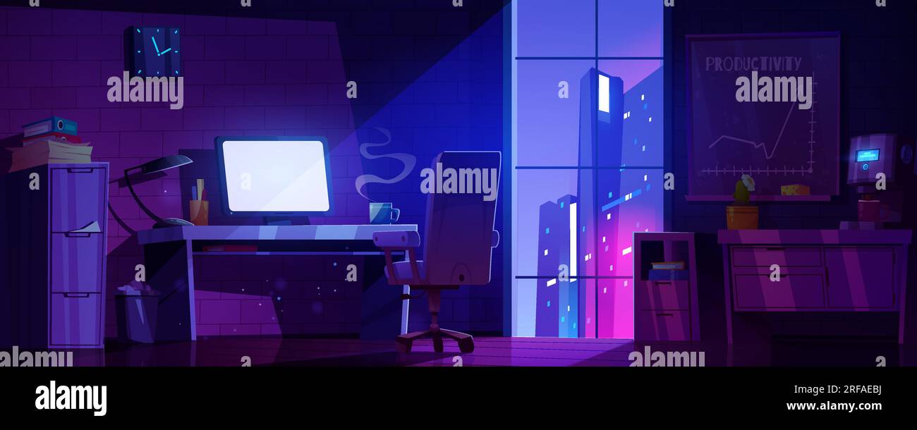 Night home office with cityscape view in window. Vector cartoon ...