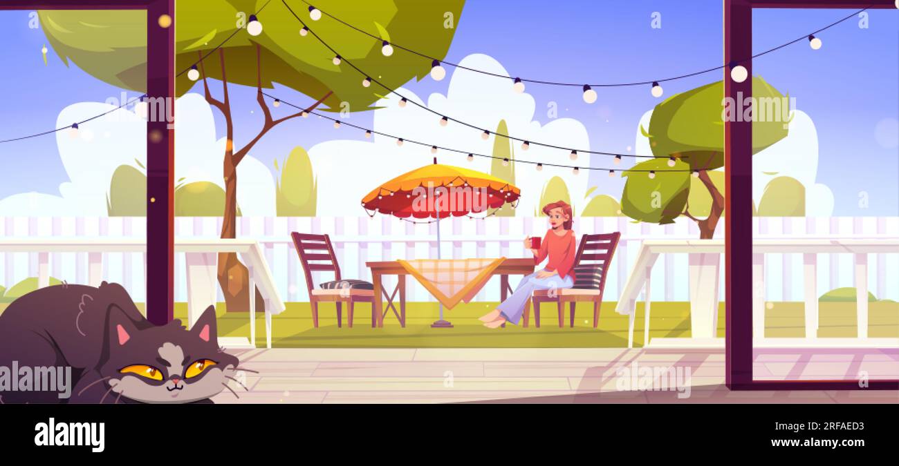 Woman drinking morning coffee in home garden. Vector cartoon ...