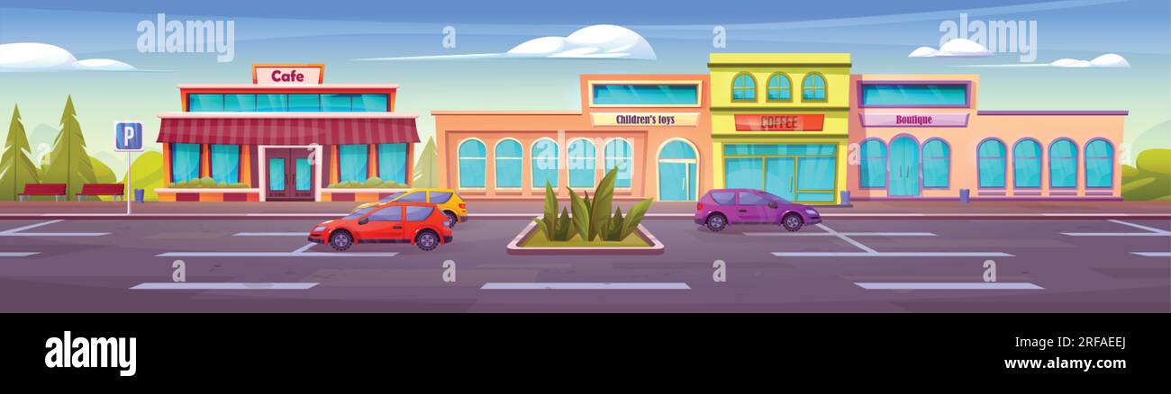 Parking lot with cars near shopping mall in city. Vector cartoon ...