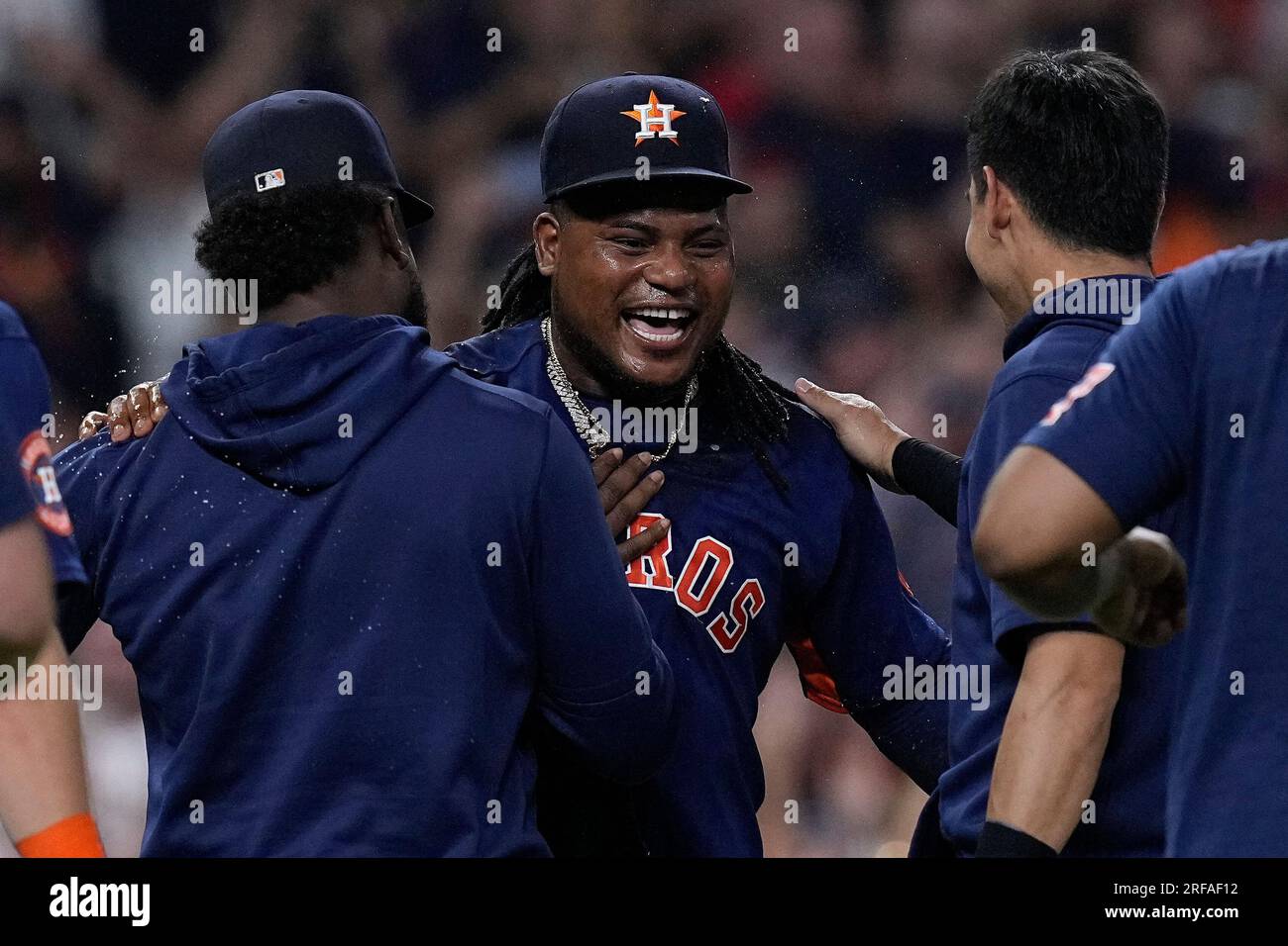 Houston Astros starting pitcher Framber Valdez is mobbed by his ...