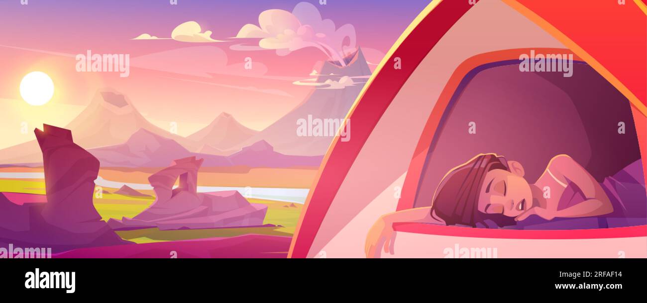 Woman sleep in camping tent with volcano landscape view scene vector ...