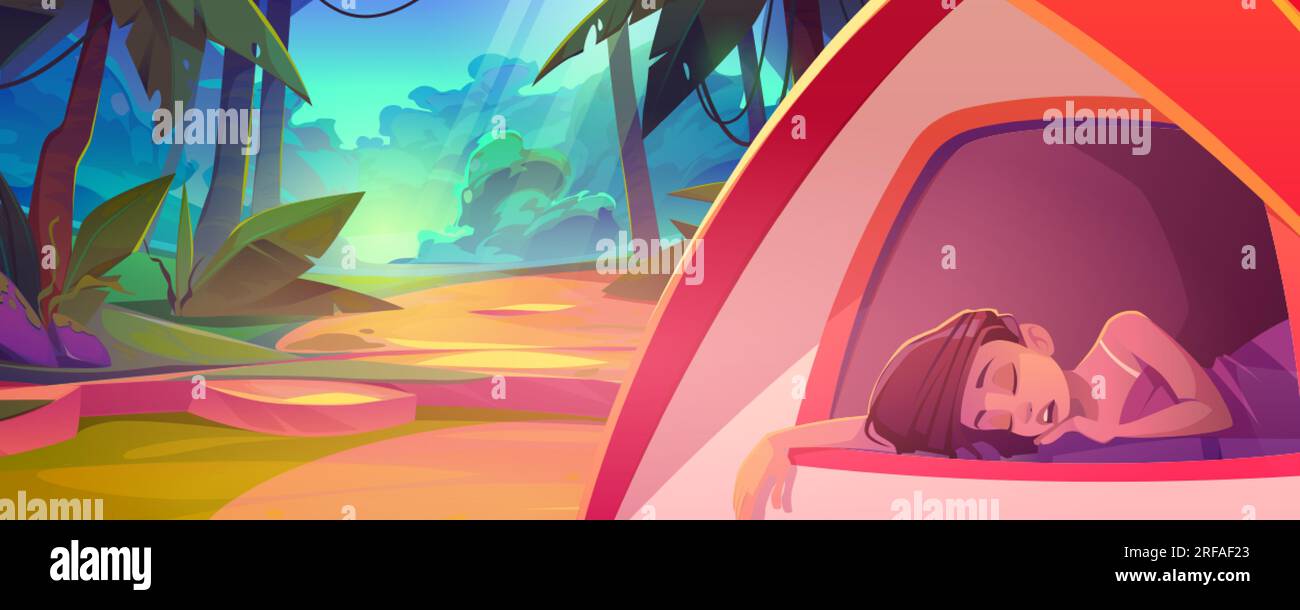 Woman sleep in camping tent in jungle forest vector cartoon ...