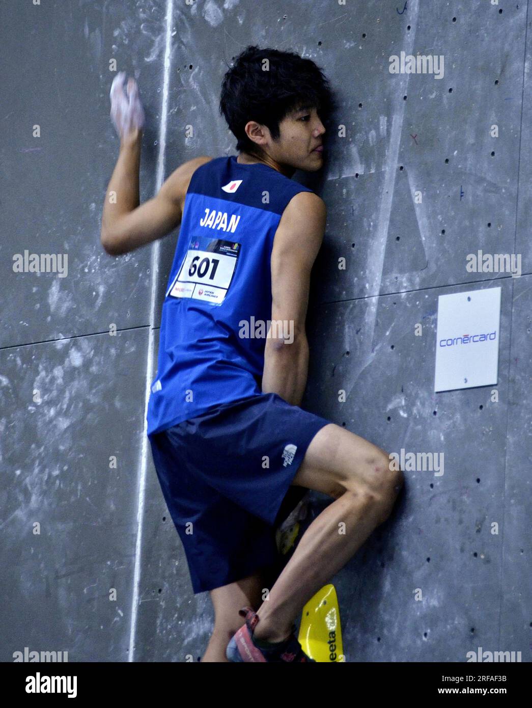 Japan's Sorato Anraku performs during the Boulder Qualification at IFSC ...