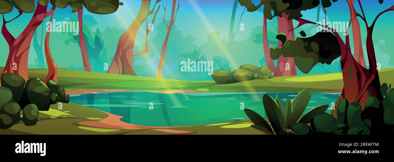 Jungle forest with swamp. Game background with summer landscape of ...