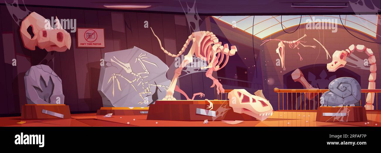 Abandoned museum and broken fossil dinosaur cartoon vector exhibit ...