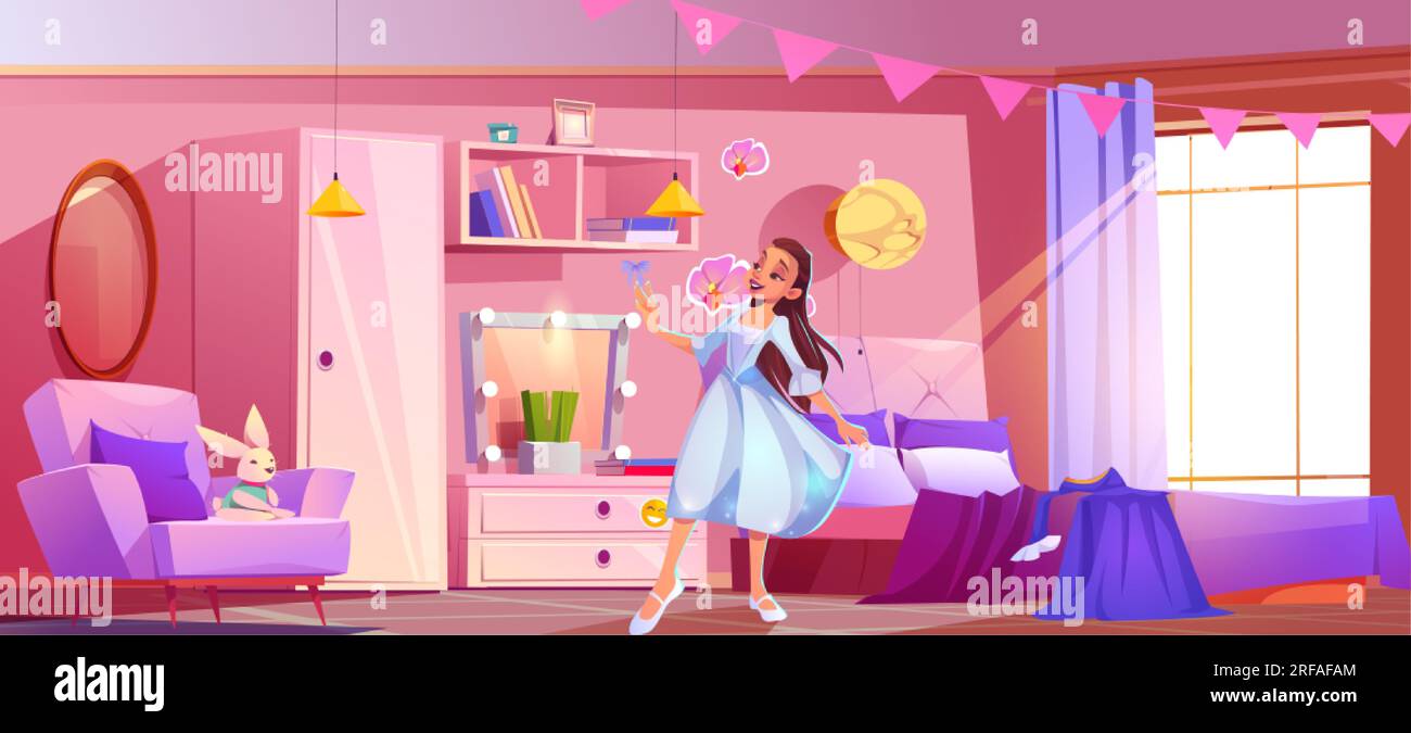 Girl teen in pink bedroom interior vector cartoon background. Child bed ...