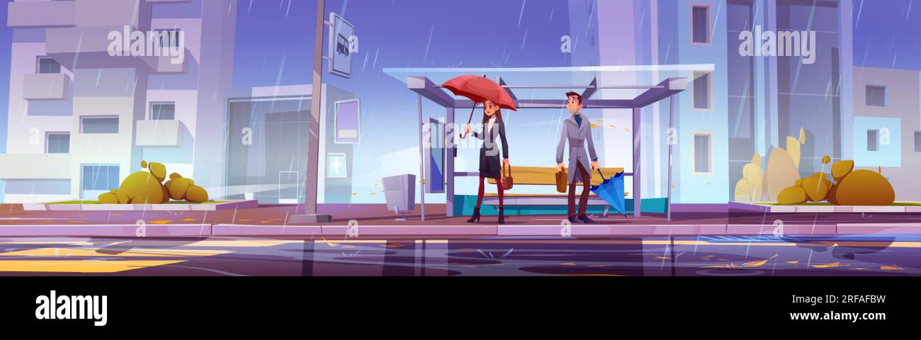 City bus stop at bad rainy weather with people vector background. Sad ...