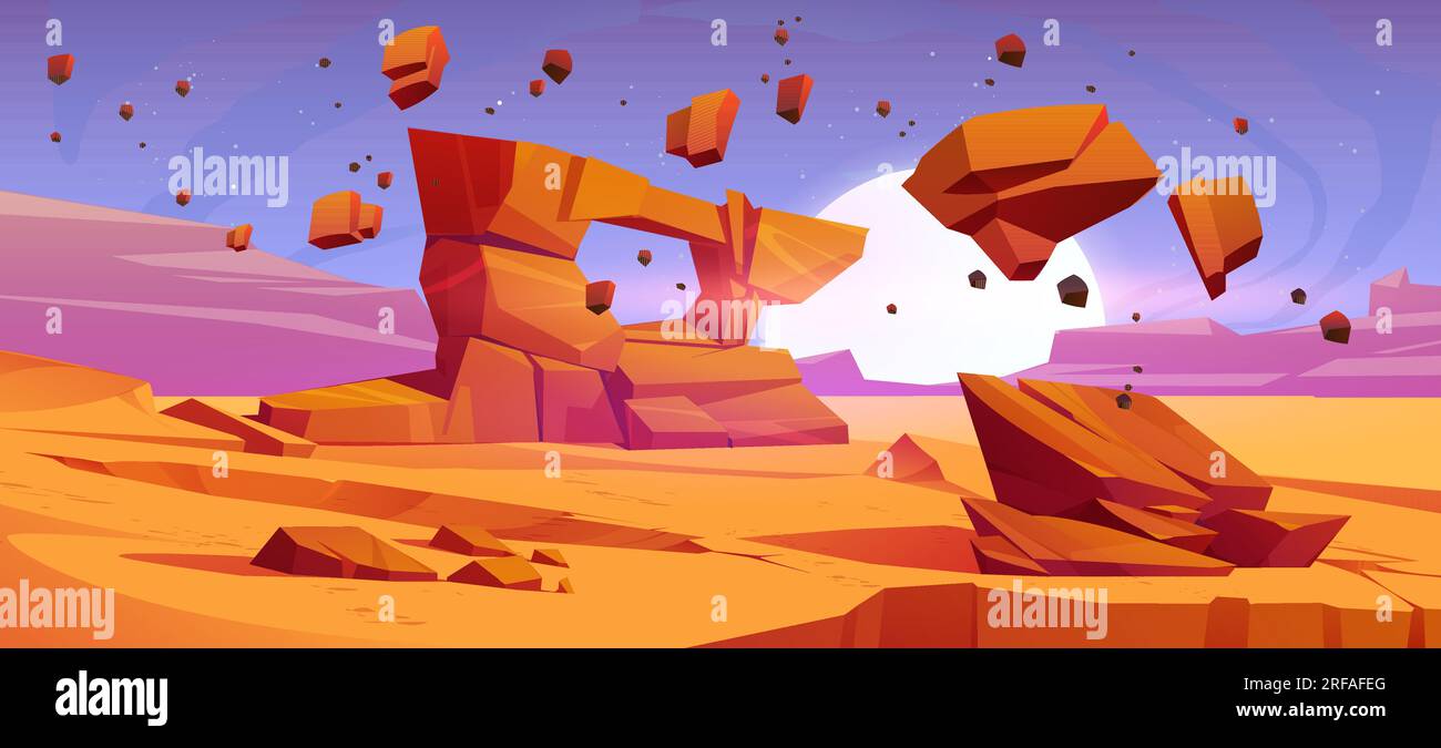 Mars desert landscape with floating rock vector illustration. Martian ...