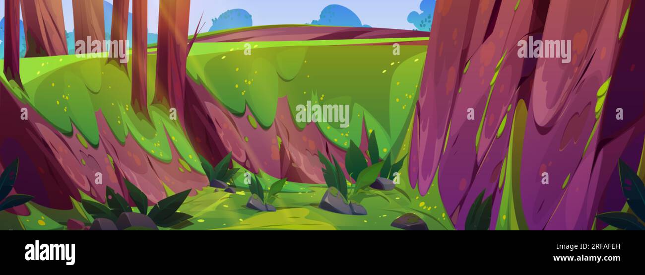 Cartoon forest landscape with old trees and steep hill slope. Vector ...