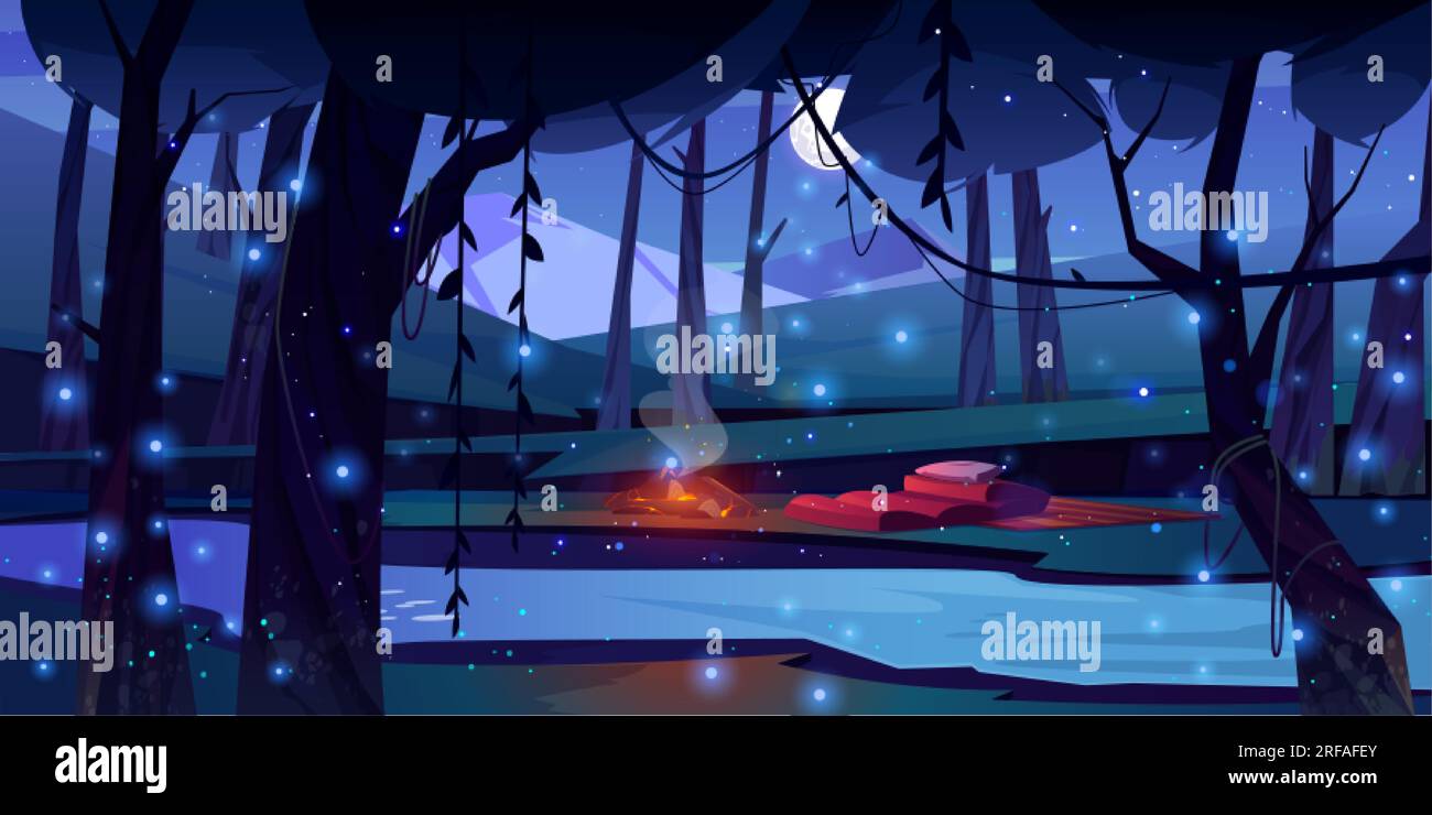 Night jungle forest with swamp and firefly vector background. Fantasy ...