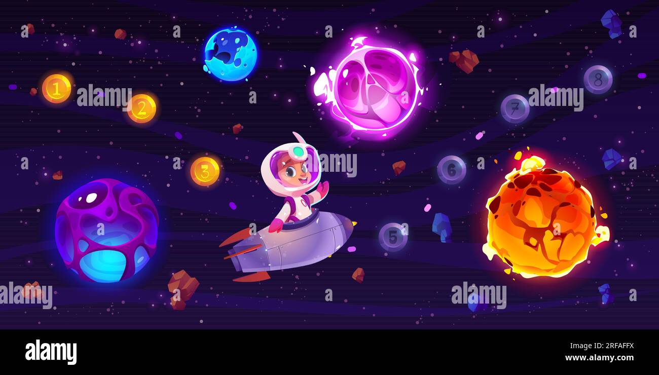 Level map with kid astronaut on rocket in space background illustration ...