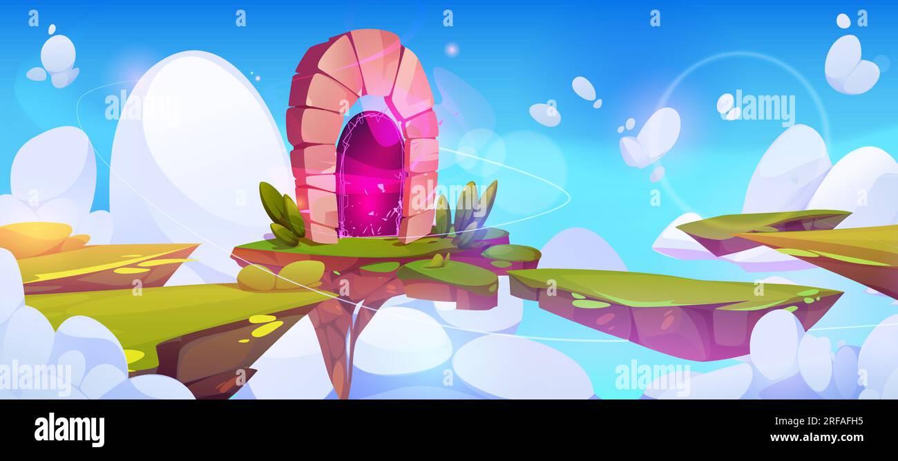 Game pink magic portal on floating island in sky cartoon vector ...
