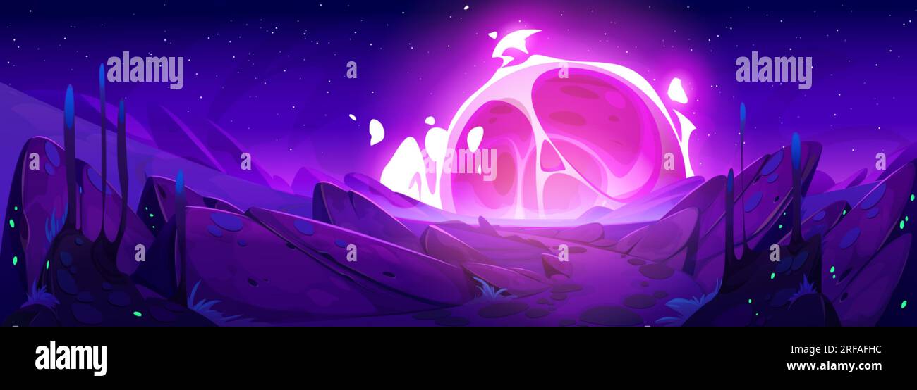 Alien planet cartoon space landscape with pink meteor. Rock desert ...