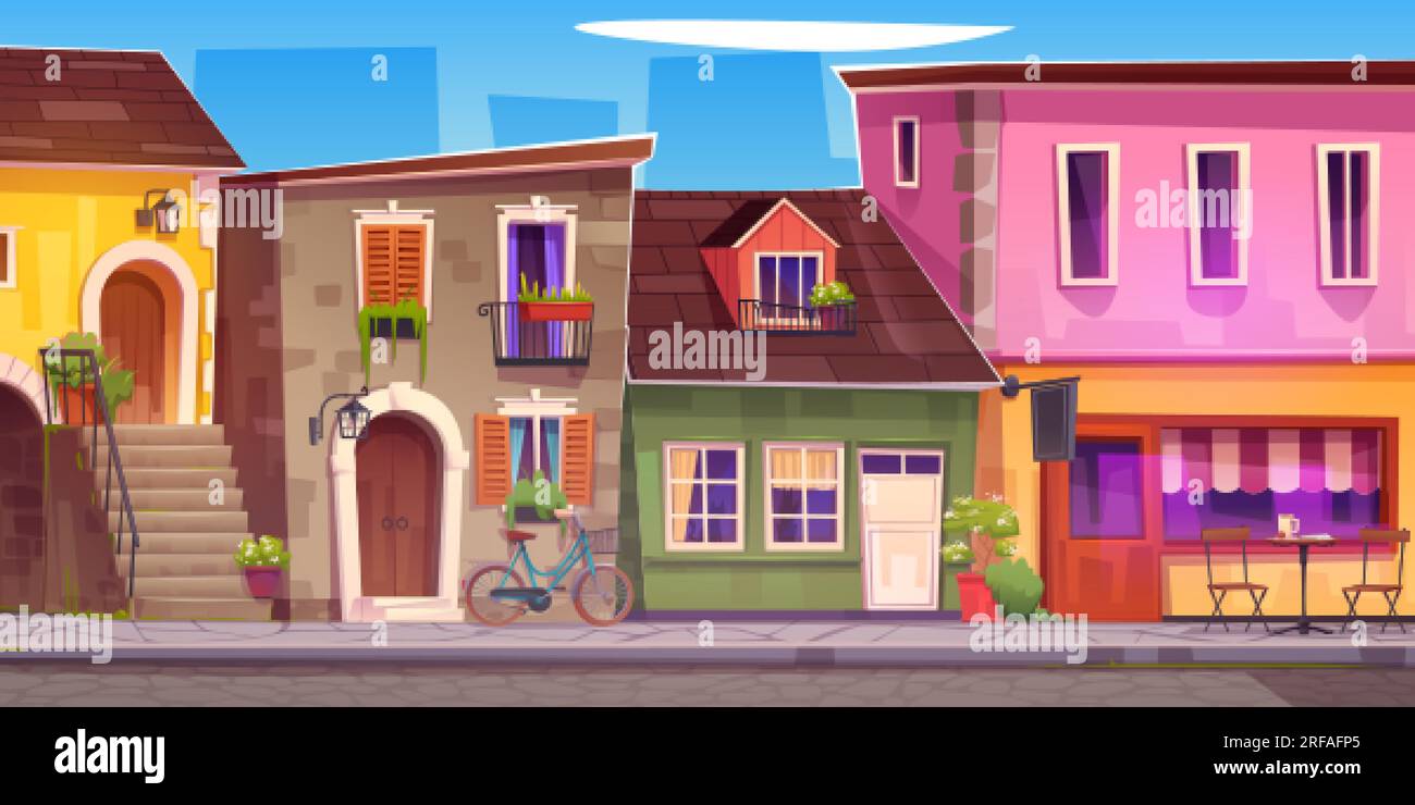 Old Italian town street with cafe. Vector cartoon illustration of ...