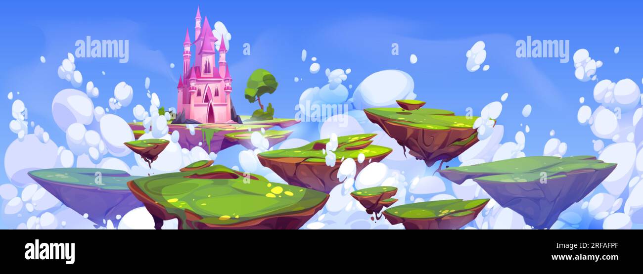 Fantasy castle on floating island in sky cartoon landscape. Magic ...