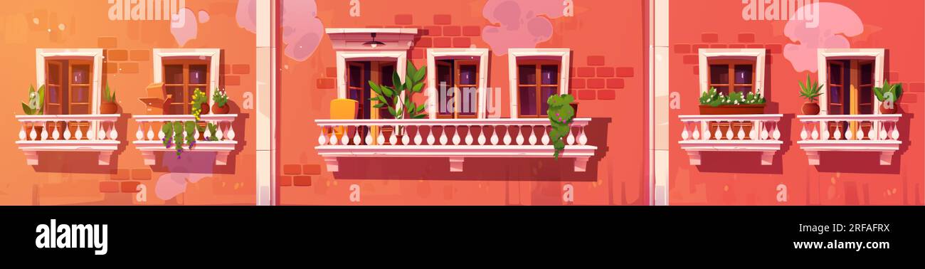 Old apartment building facade with balconies. Vector cartoon ...