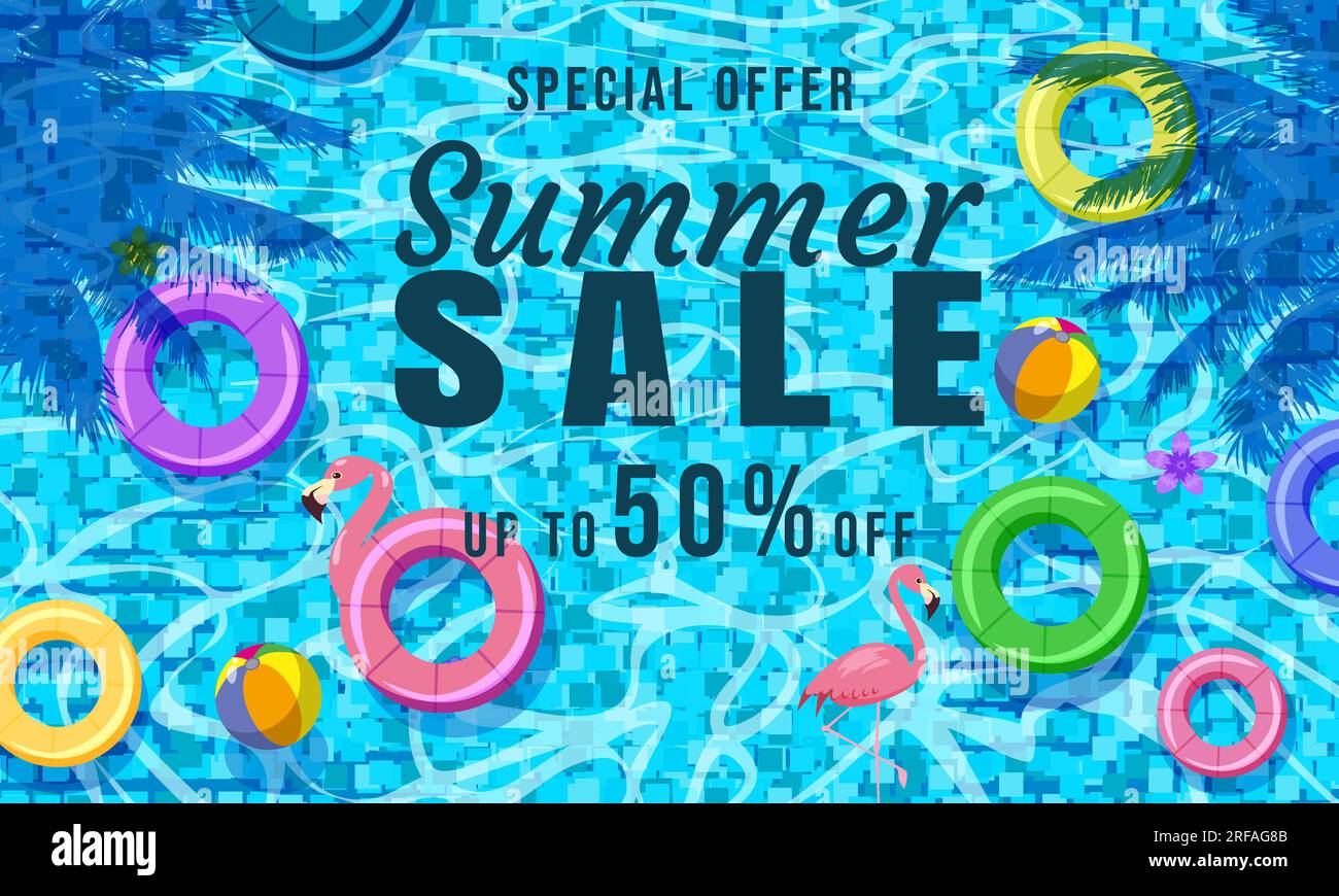 Summer Sale background banner template. Swimming tiled pool, blue water ...