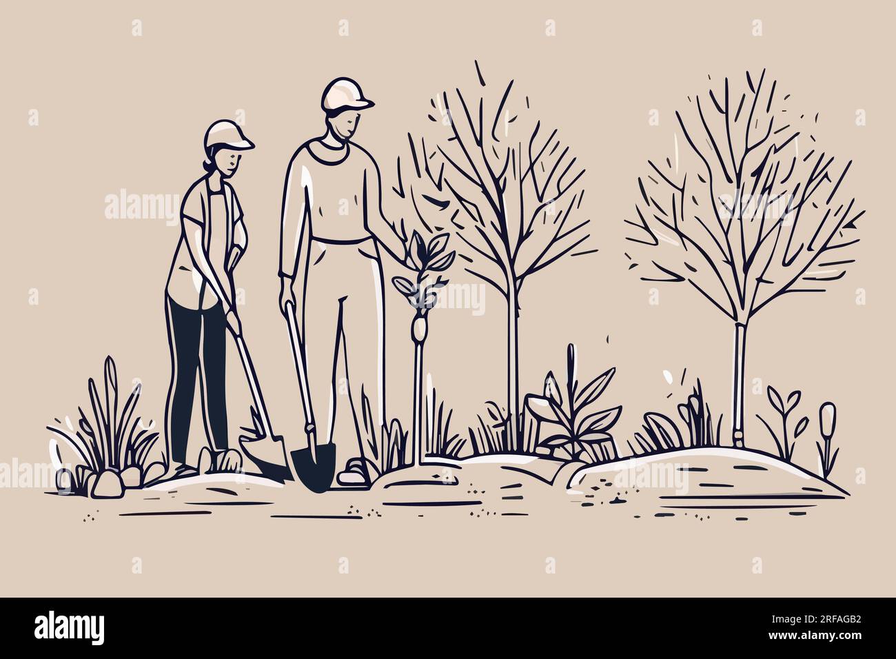 People Planting Trees Drawing