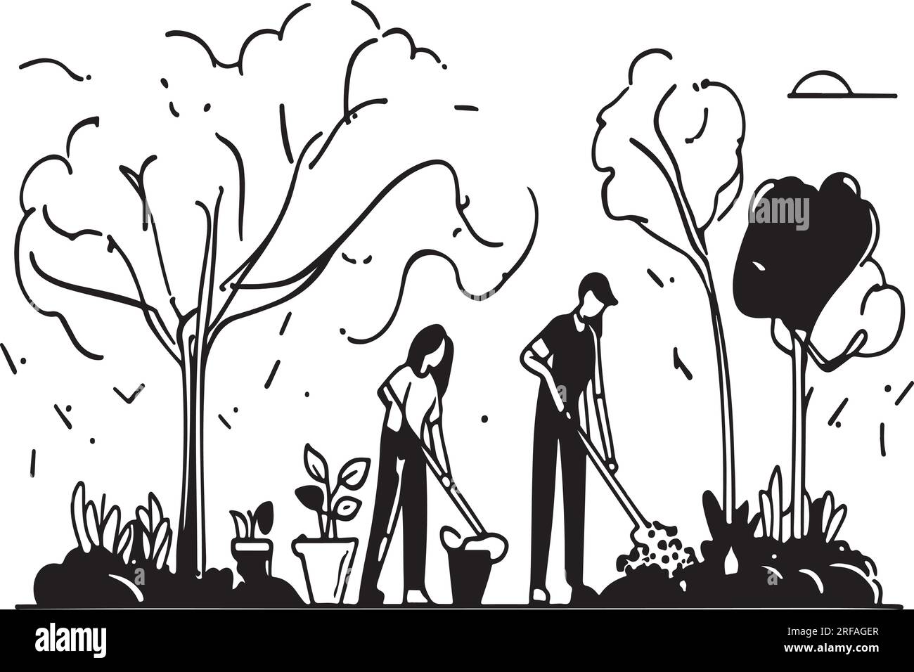 People Planting Trees Drawing