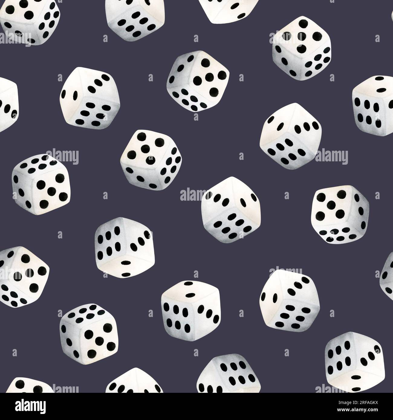 Watercolor white gambling dices cubes seamless pattern on dark blue ...