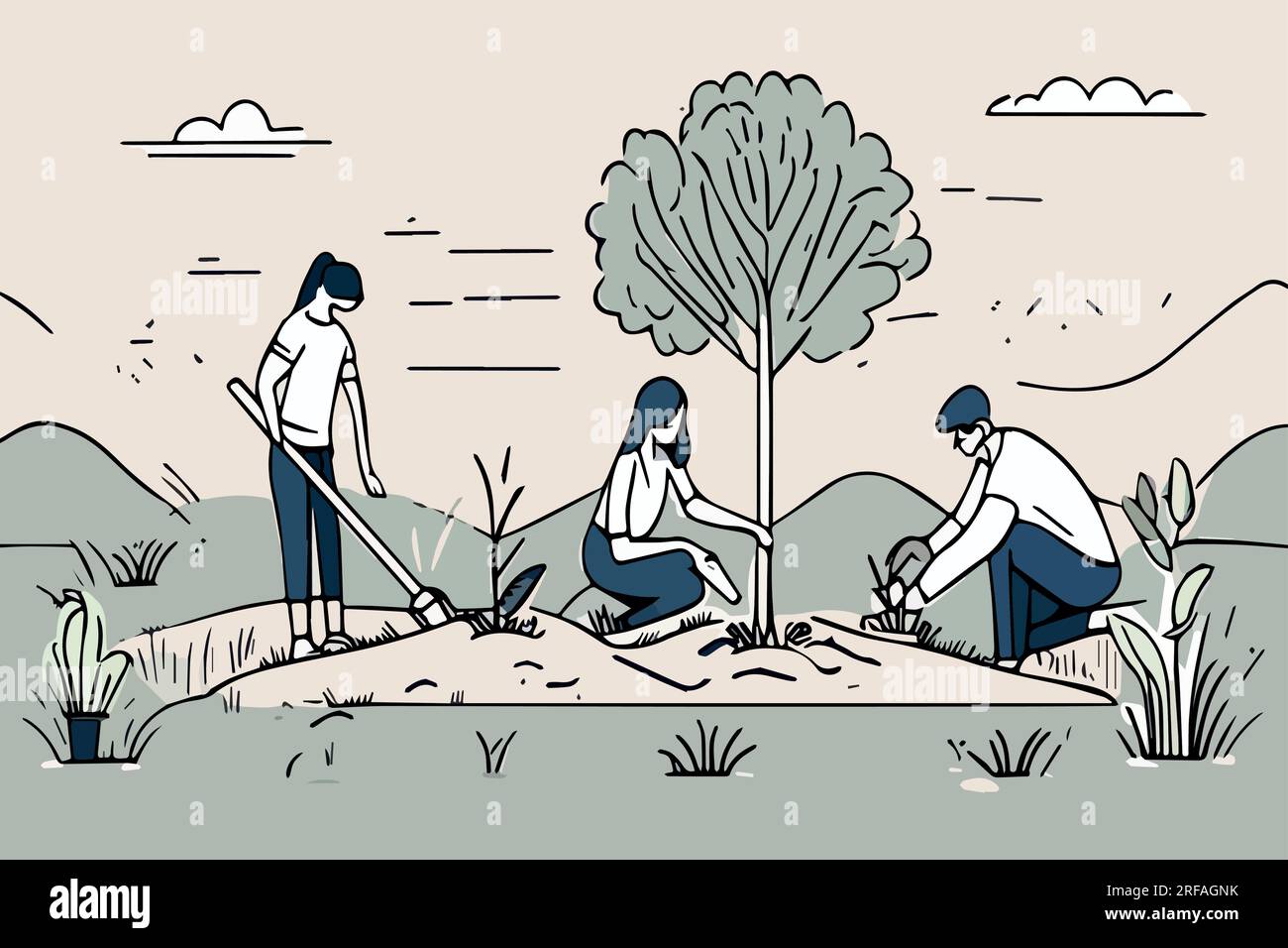 People Planting Trees Drawing