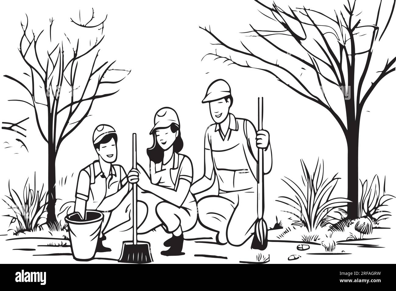 People Planting Trees In Black And White