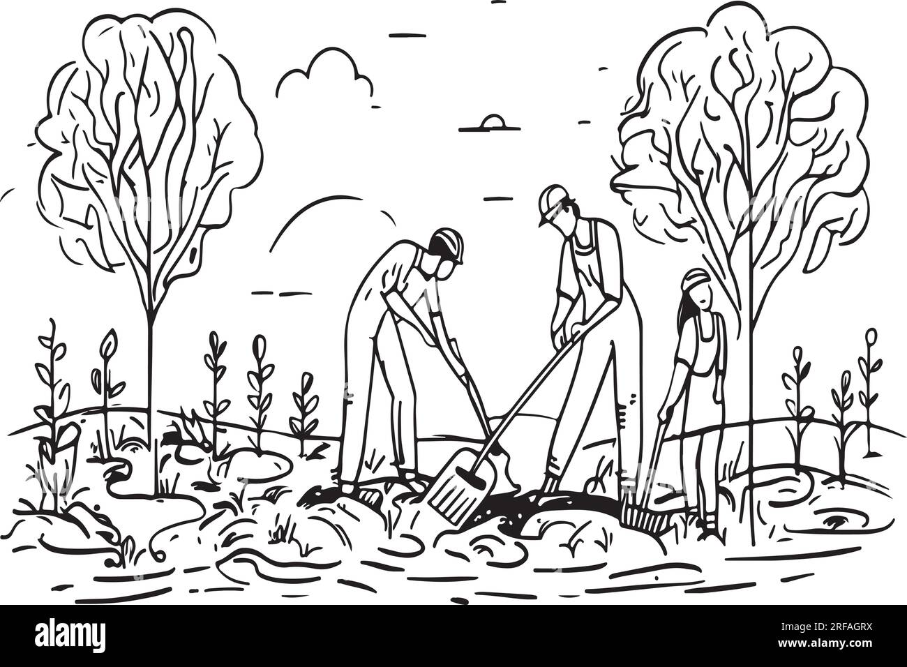 Tree planting vector background ecology Black and White Stock Photos ...