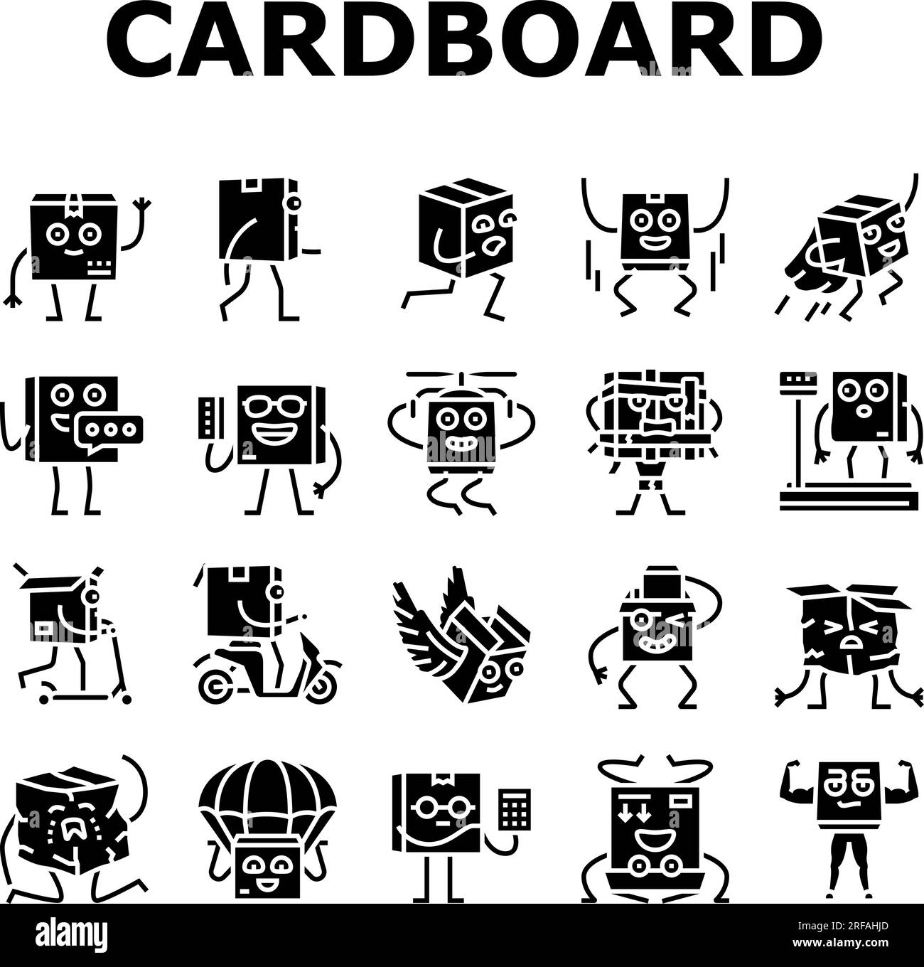 Cardboard box character icons set vector package delivery hi-res stock ...