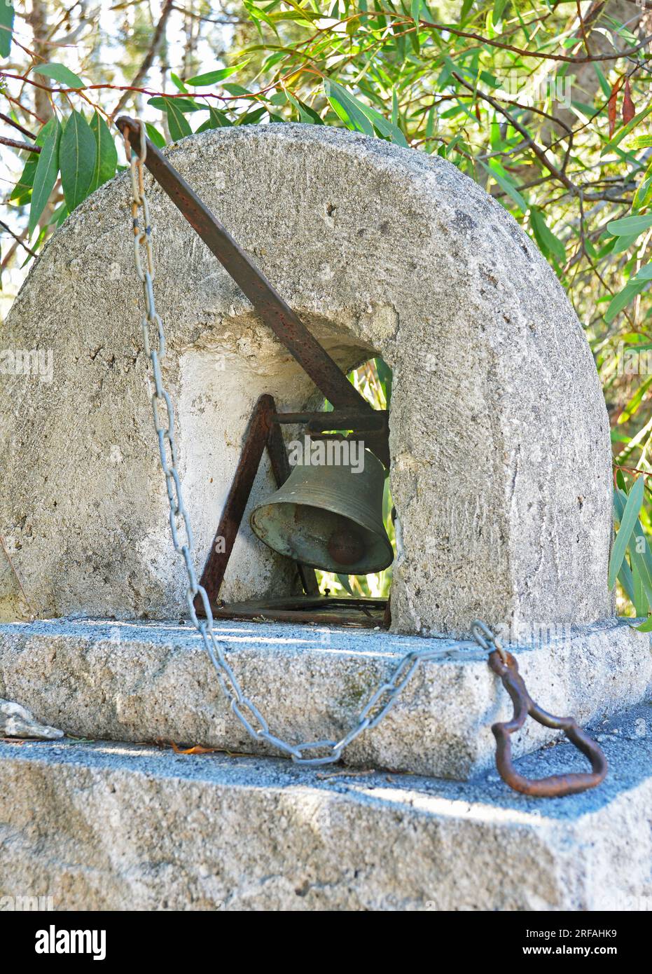 Bronze antique alarm bell hanging at the entrance gate of the villa ...