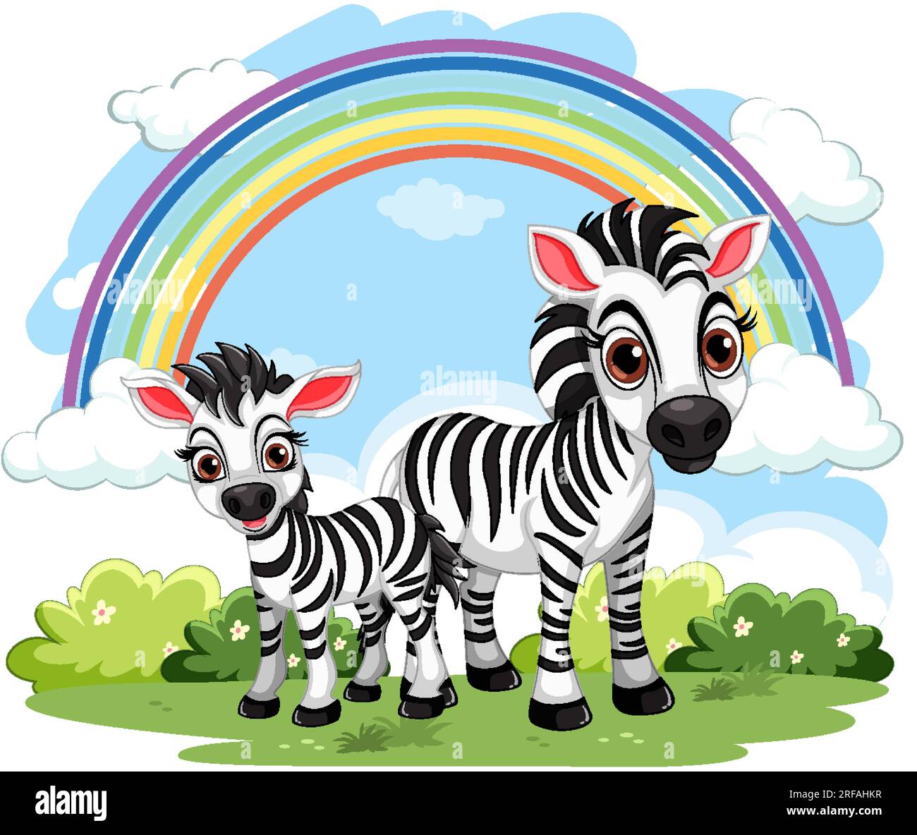 A vector cartoon illustration of a zebra family standing on a green ...