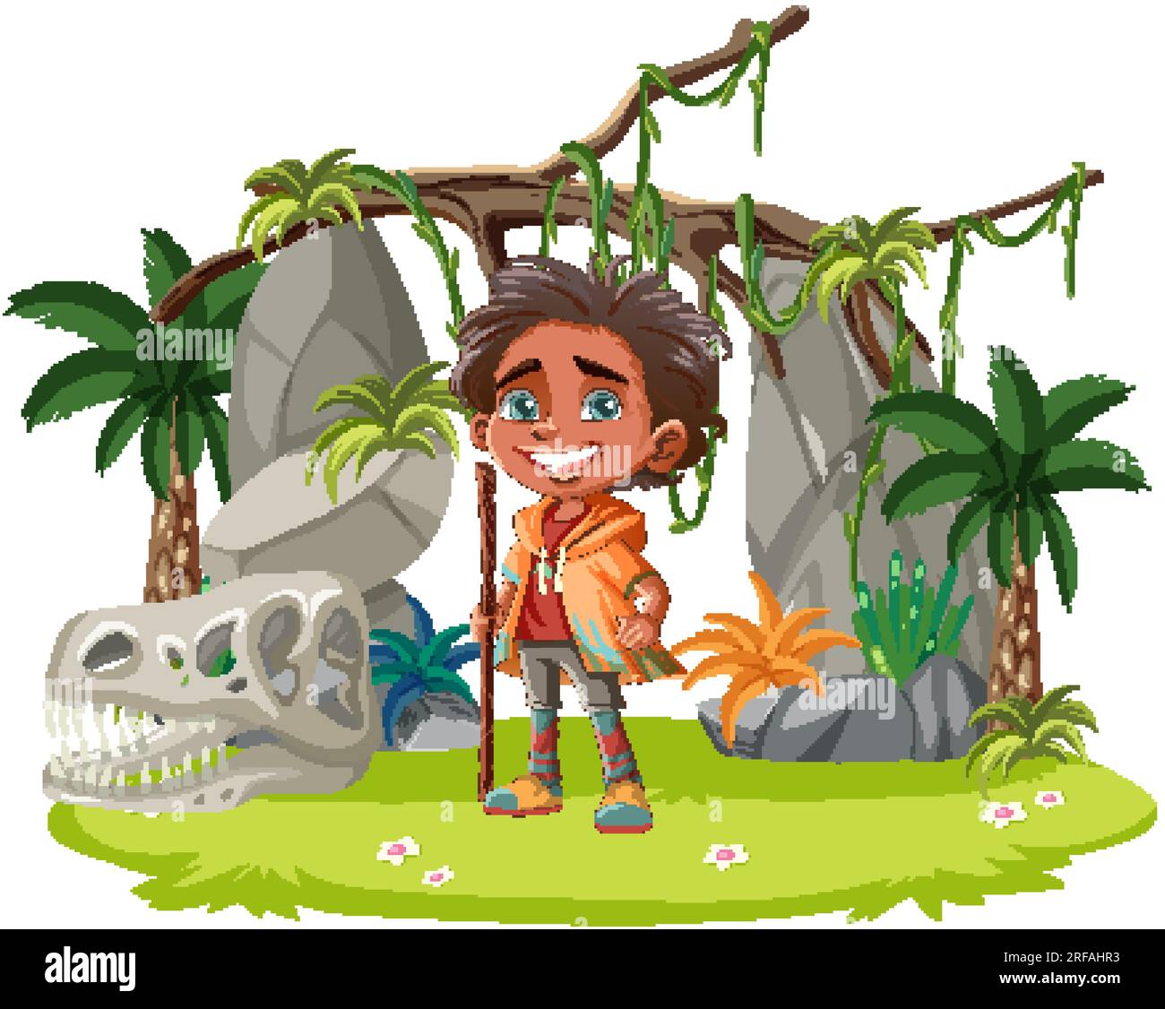 A cartoon illustration of a little boy hiking in a forest Stock Vector ...