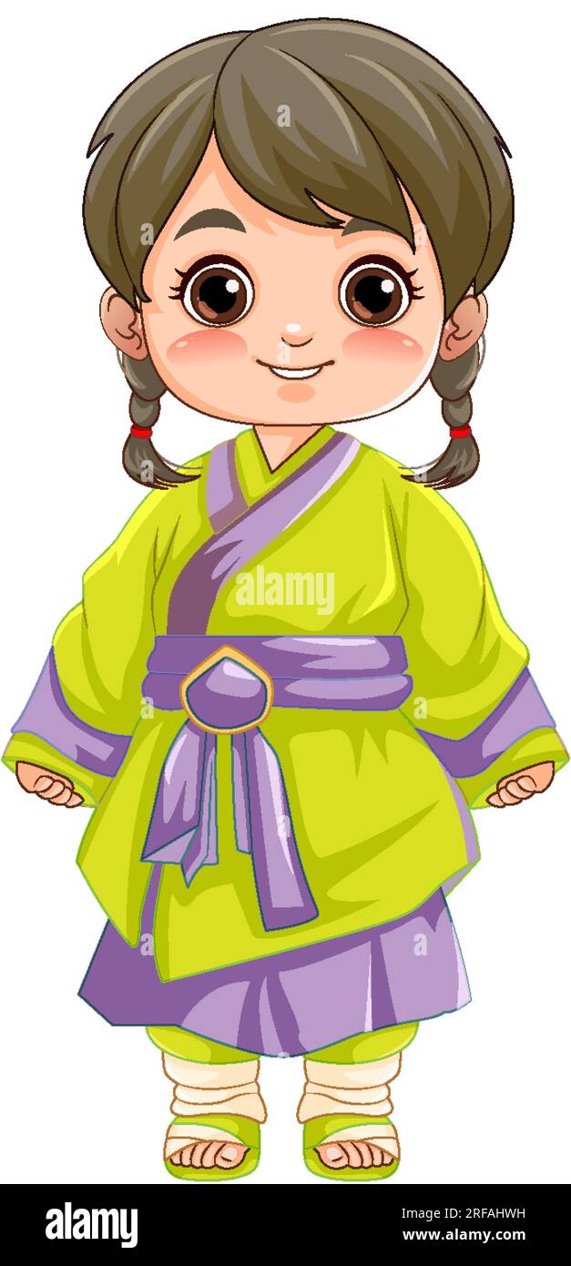 A vector cartoon illustration of a cute Asian girl wearing a ...