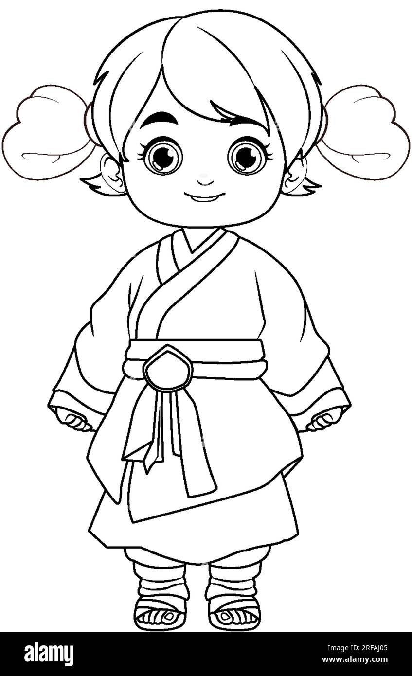 Outline of an Asian cartoon character for colouring and vector ...