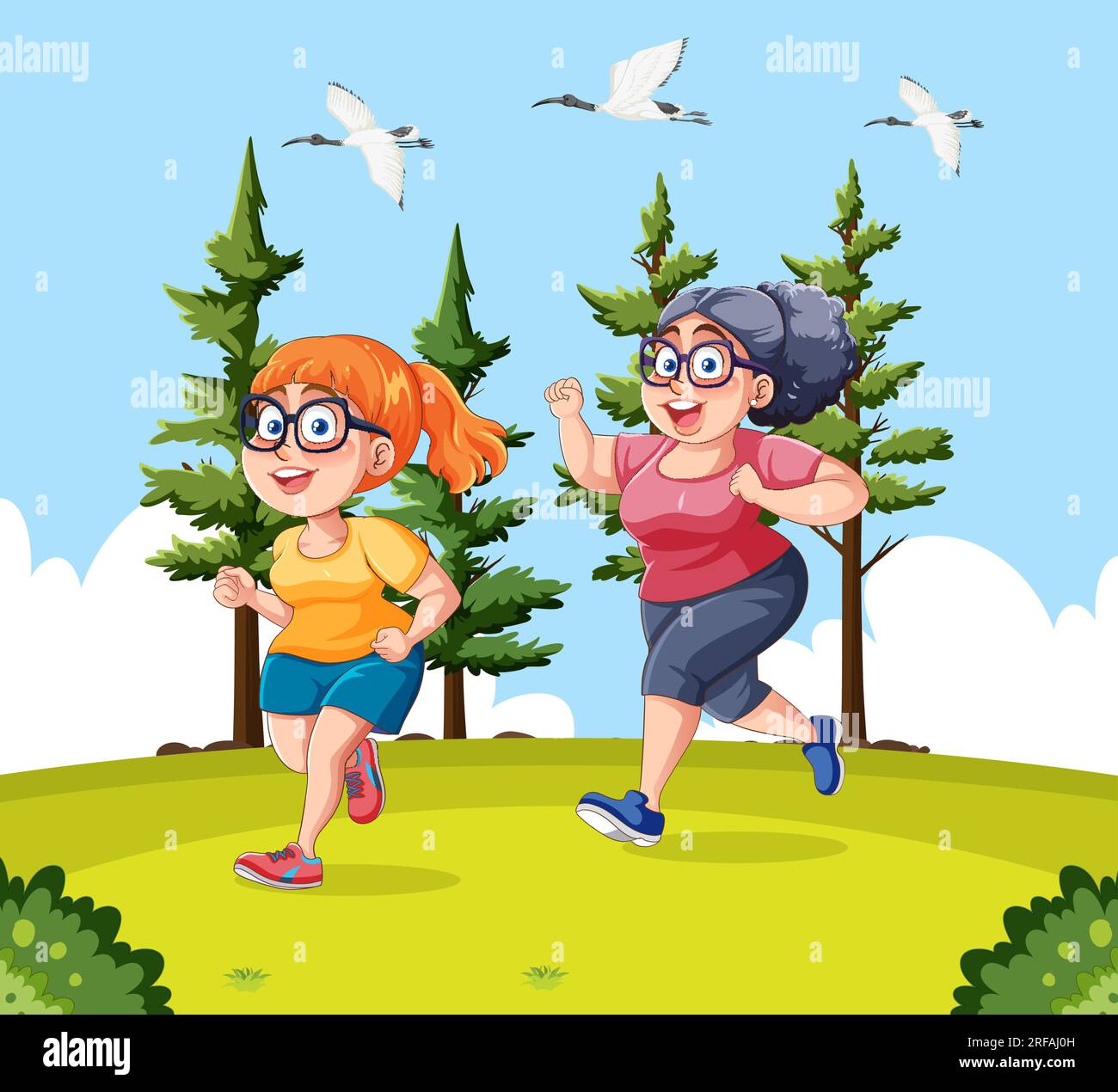 A vector cartoon illustration of a group of women jogging together in a ...