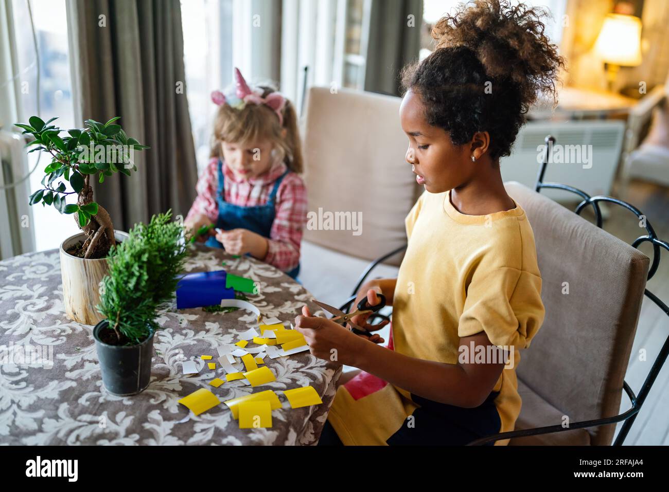 Multicultural group of kids with creative handicraft.Children diversity ...