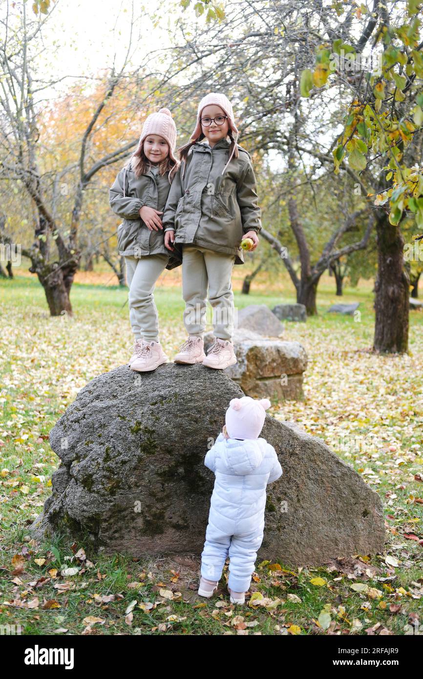 Children play in the autumn apple orchard. The girls climbed a big rock ...