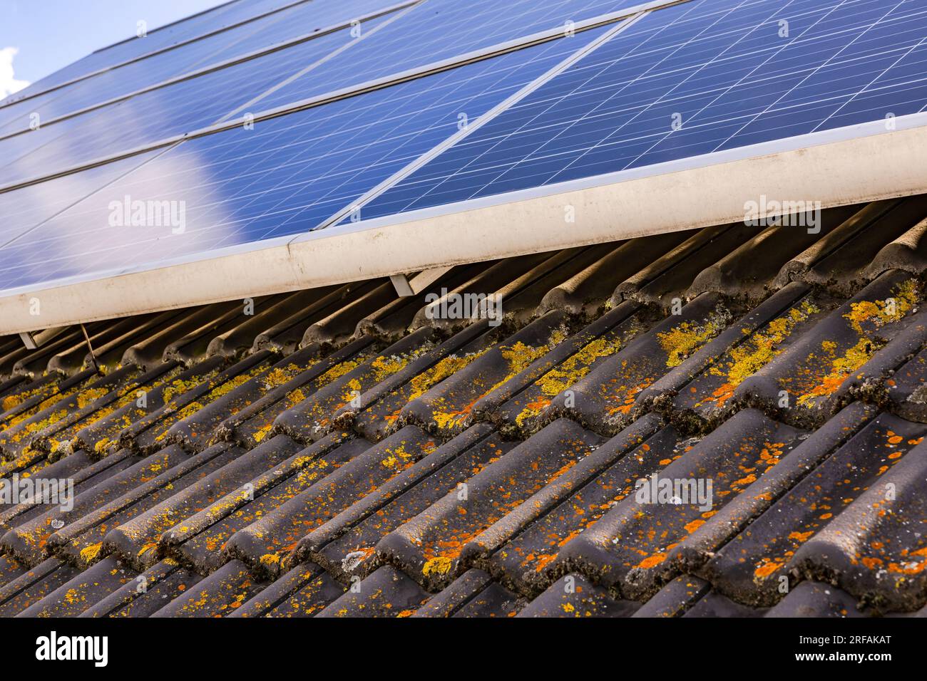 Yellow and orange stains on brown roof tiles underneath solar panels on ...