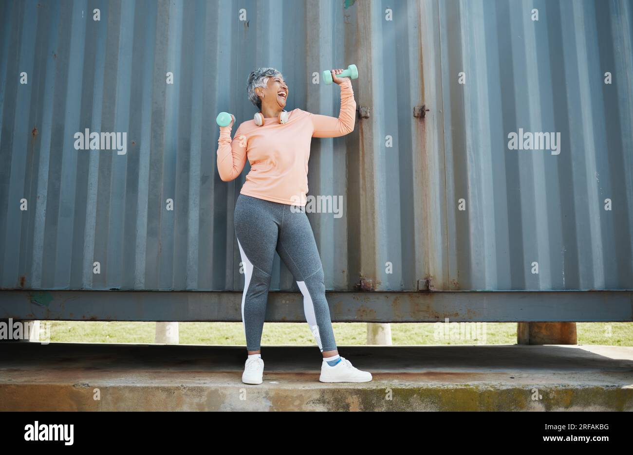 Fitness, health and happy with old woman and weights for strong ...